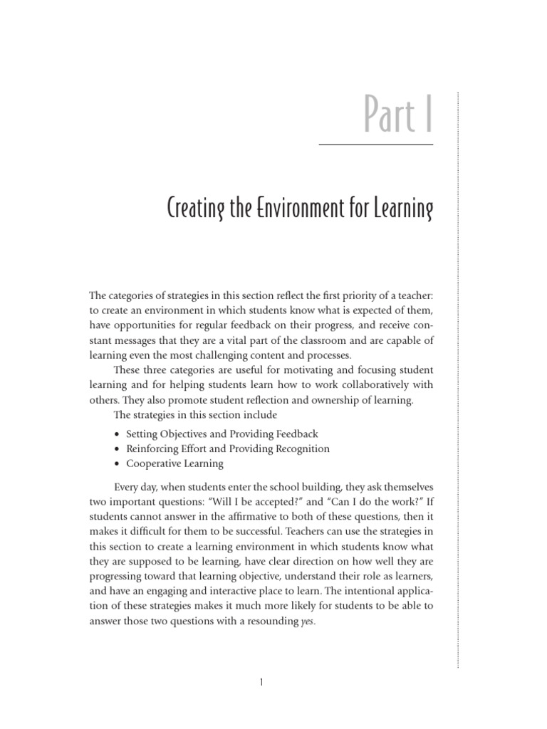 A Handbook For Classroom Instruction That Works - (Part I Creating The ...