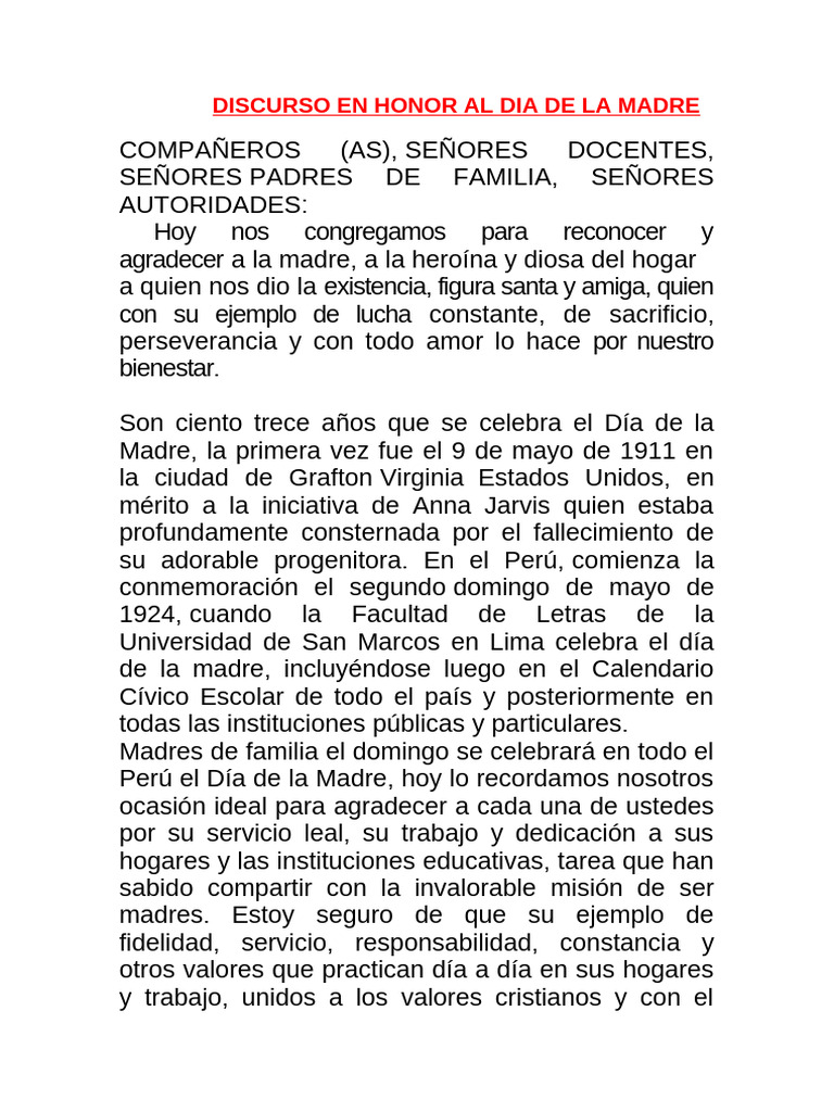 Discurso en Honor Al Dia de La Madre | PDF