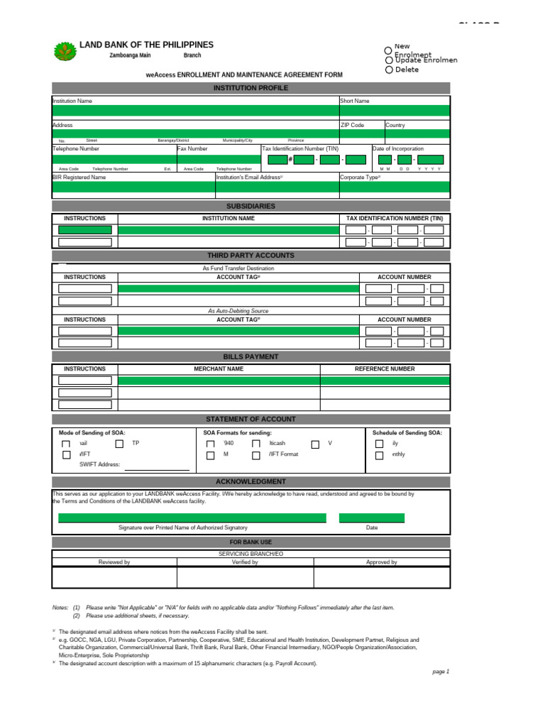 LANDBANK weAccess Enrollment Form | PDF | Transaction Account | Password