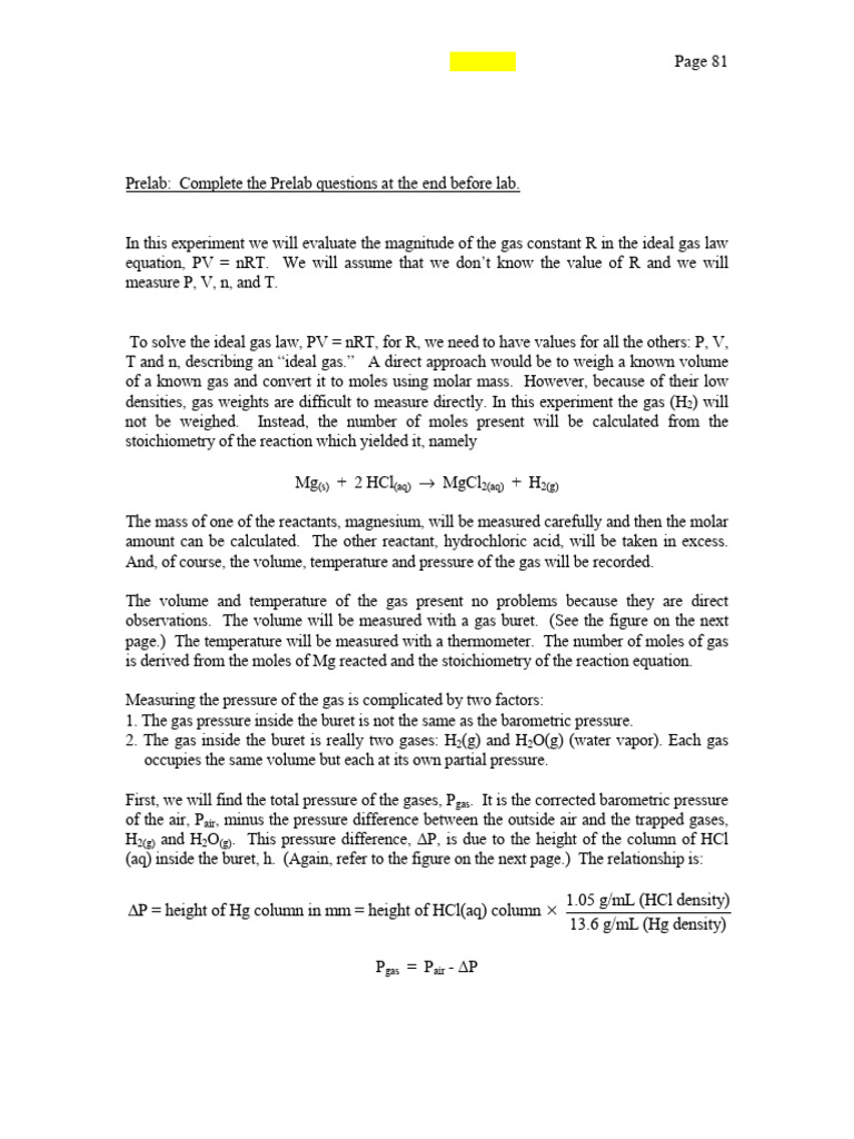 Chem 1A Lab Manual FALL 2017 EXP 10 | PDF | Gases | Stoichiometry