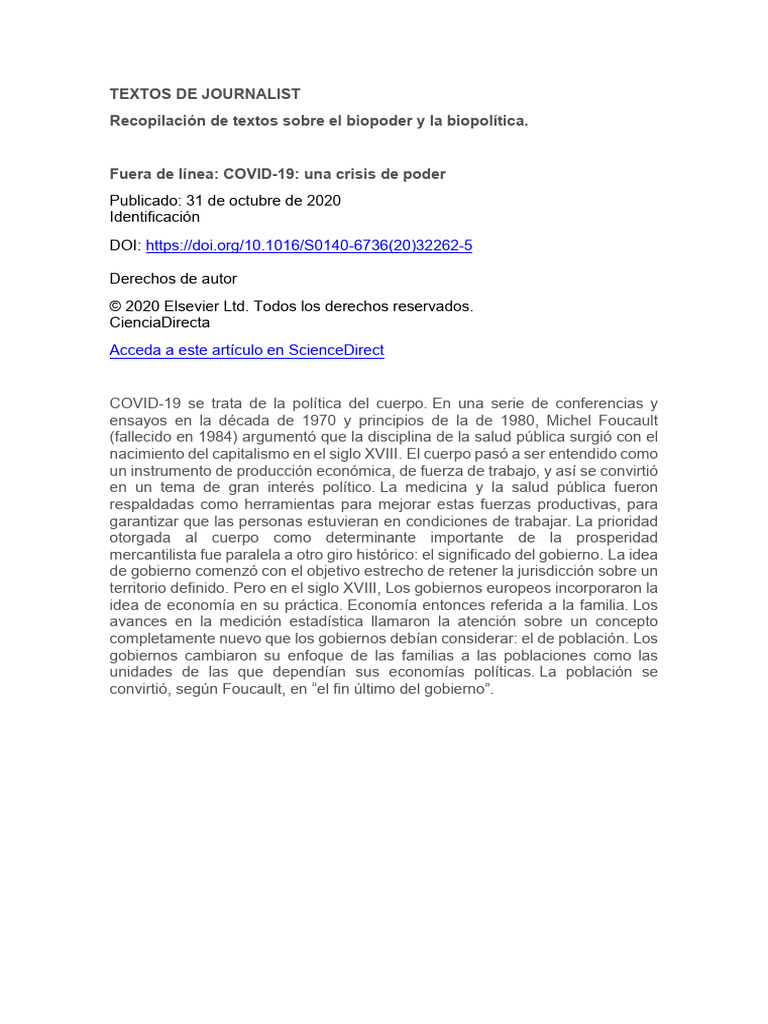 Lectura Recopilación de Textos Sobre El Biopoder y La Biopolítica | PDF ...