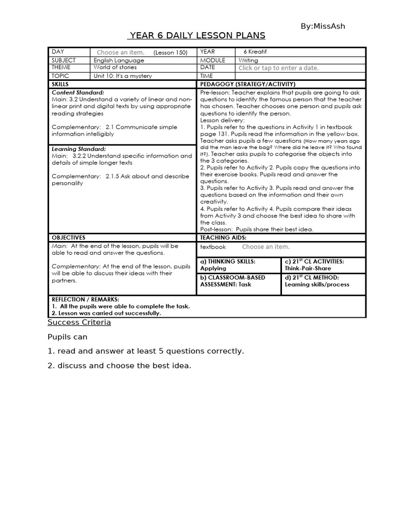 Y6 E L150 - L154 (U10) (Repaired) | PDF | Lesson Plan | Teachers
