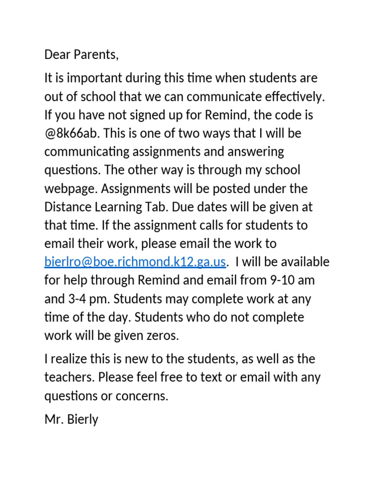 Distant Learning Parent Letter | PDF