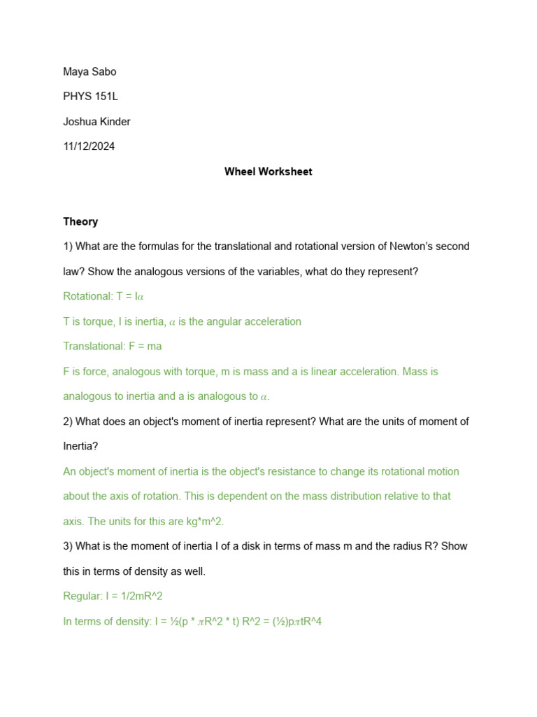 Physics 151 wheel worksheet | PDF | Torque | Inertia