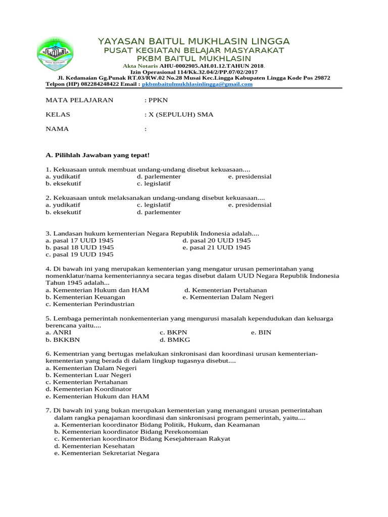 SOAL UJIAN PPKN KELAS 1 SMA | PDF