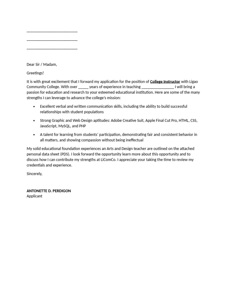 College Instructor Application Letter | PDF