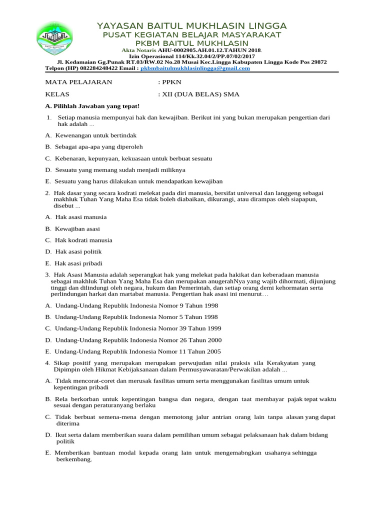 Soal Ujian PPKN Kelas 3 Sma | PDF