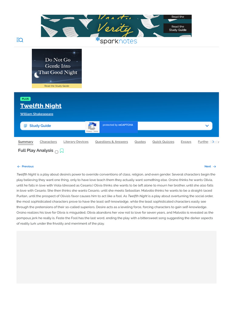 Twelfth Night- Full Play Analysis SparkNotes | PDF | Twelfth Night