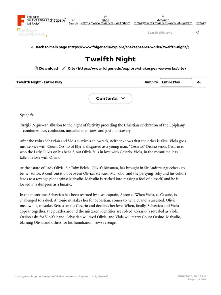 Twelfth Night - Entire Play - Folger Shakespeare Library | PDF ...