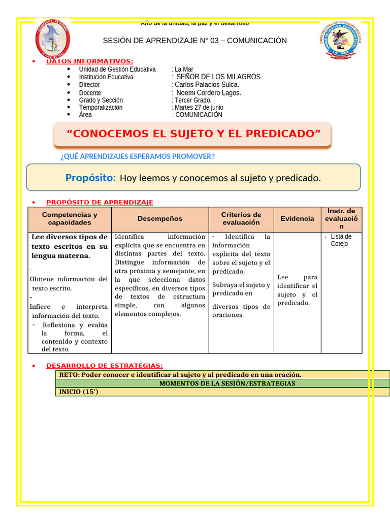 EL SUJETO Y EL PREDICADO Ses. 3° Com. (1) | PDF | Asunto (gramática ...