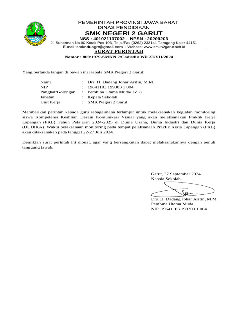 Surat Tugas Pengantaran Monitoring 1 Siswa PKL 2024 | PDF