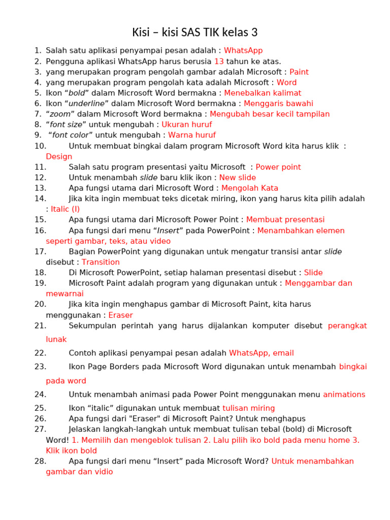Kisi – kisi SAS TIK kelas 3 | PDF
