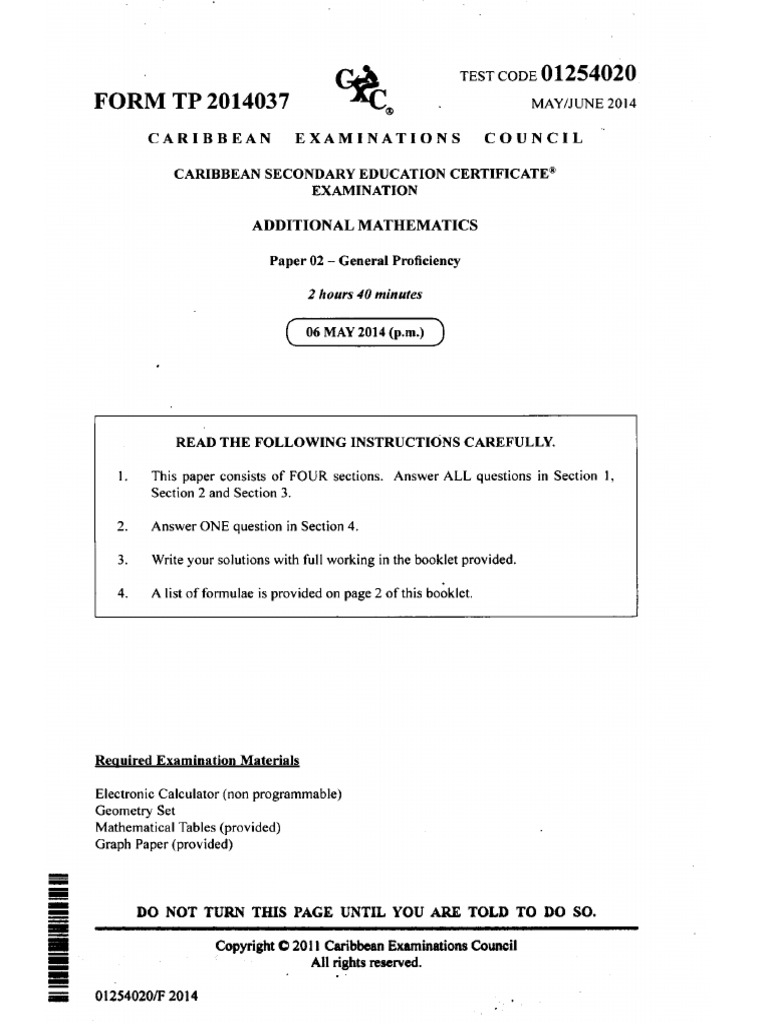 CXC Csec Add Maths 2014 P2 | PDF | Physics | Mathematics