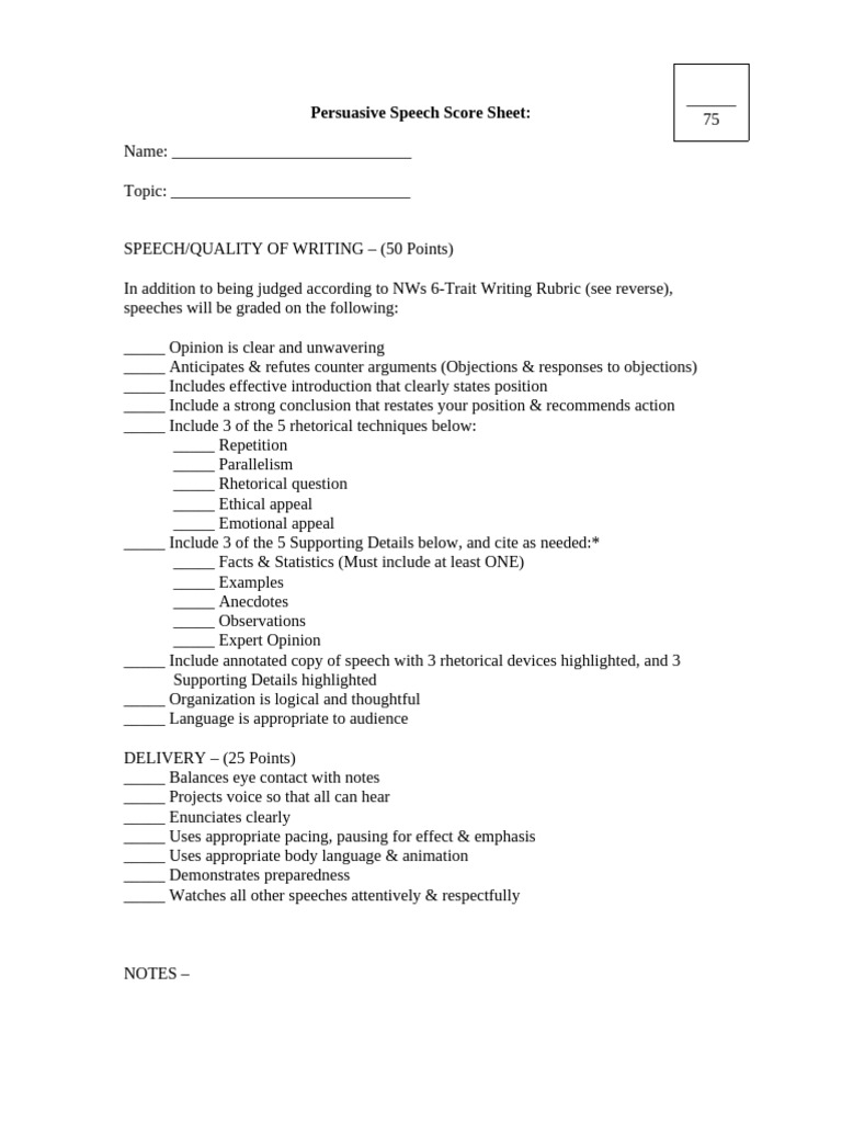 Persuasive Speech Score Sheet | PDF