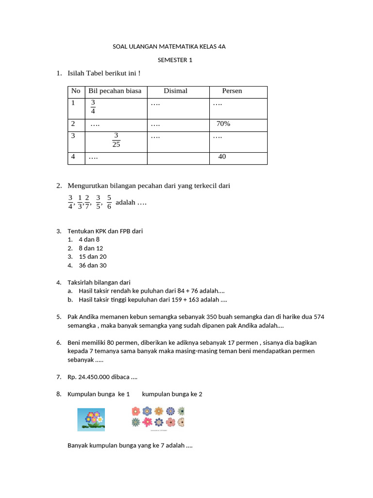 SOAL ULANGAN MATEMATIKA KELAS 4A | PDF