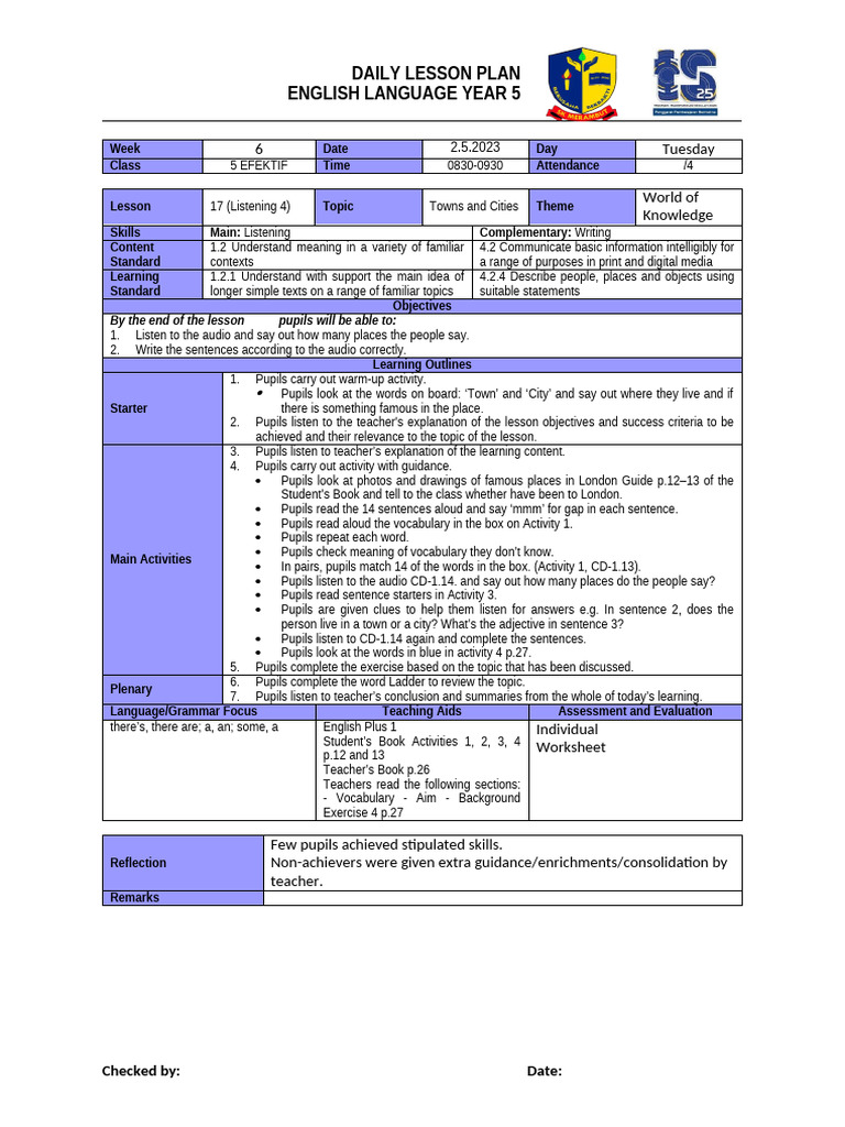 Towns and Cities (Lesson 17 - 34) | PDF | Lesson Plan | Teachers