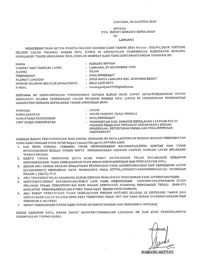 Lamaran Nanang Sofyan | PDF