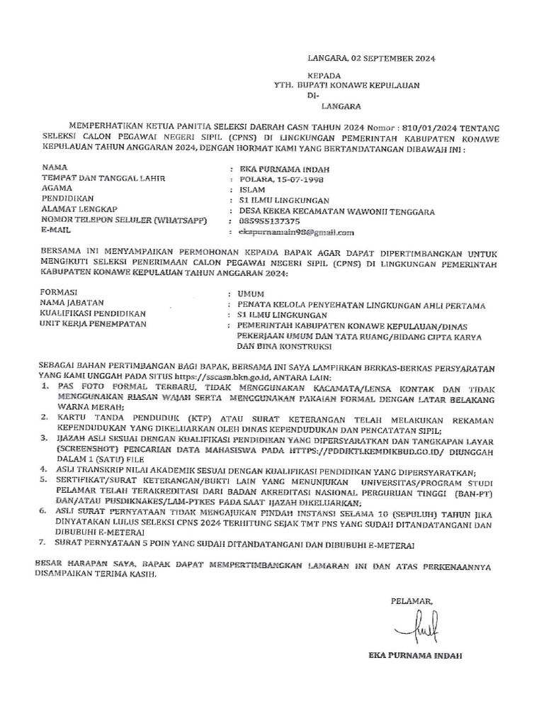 Lamaran Eka Purnama Indah | PDF