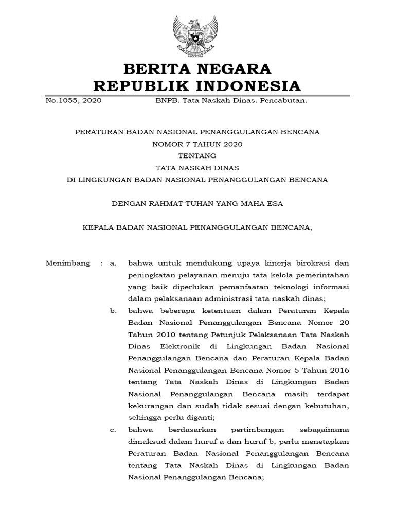 Peraturan BNPB No. 7 Tahun 2020 | PDF