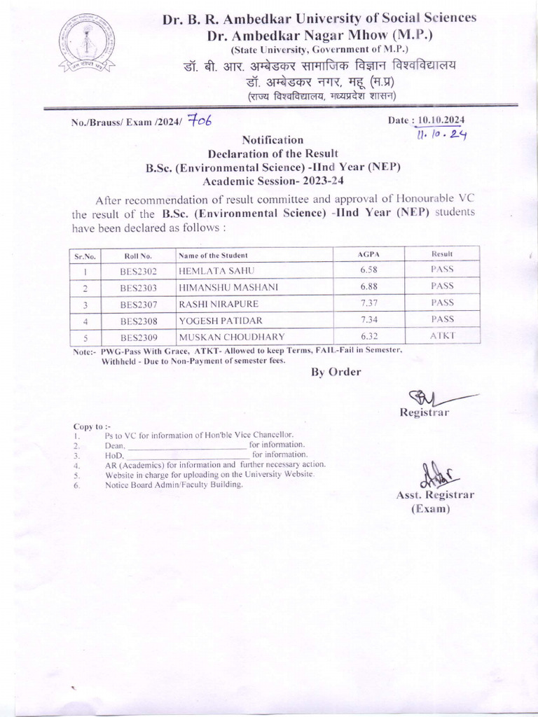 B Sc(Environmental Science)IInd Year NEP October 2024 Result | PDF