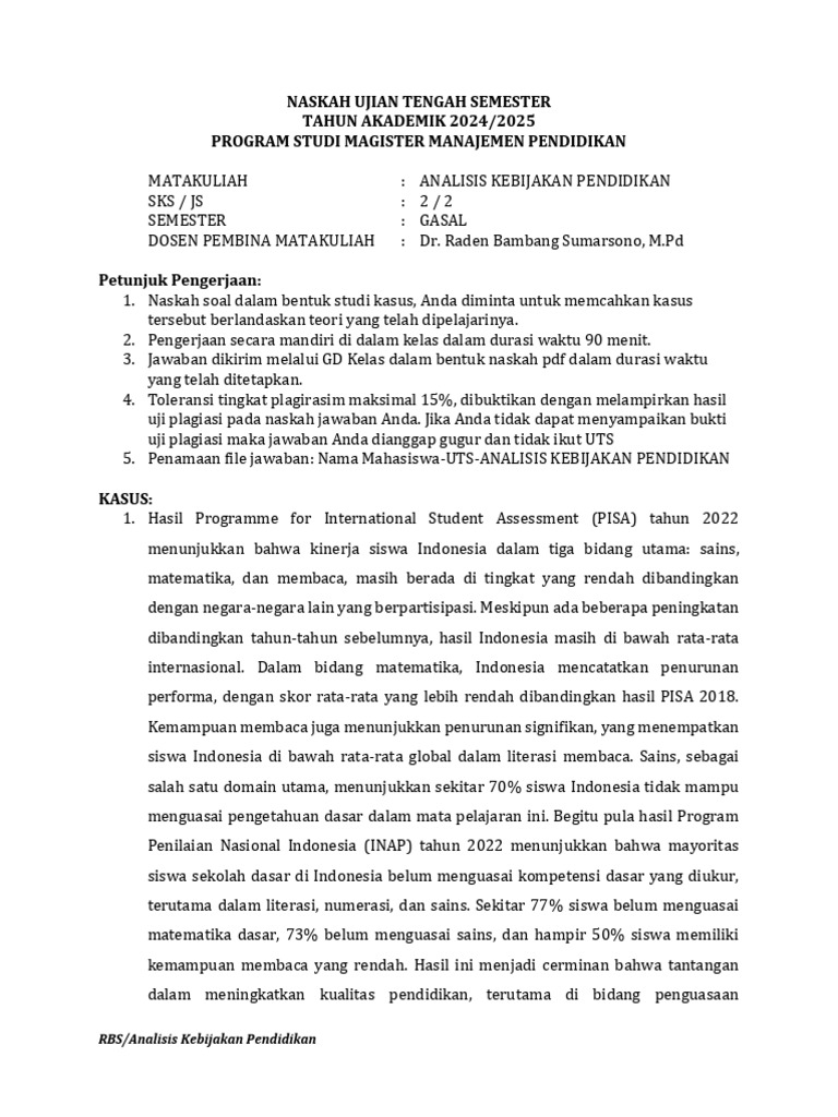 Naskah Soal Uts Analisis Kebijakan Pendidikan | PDF