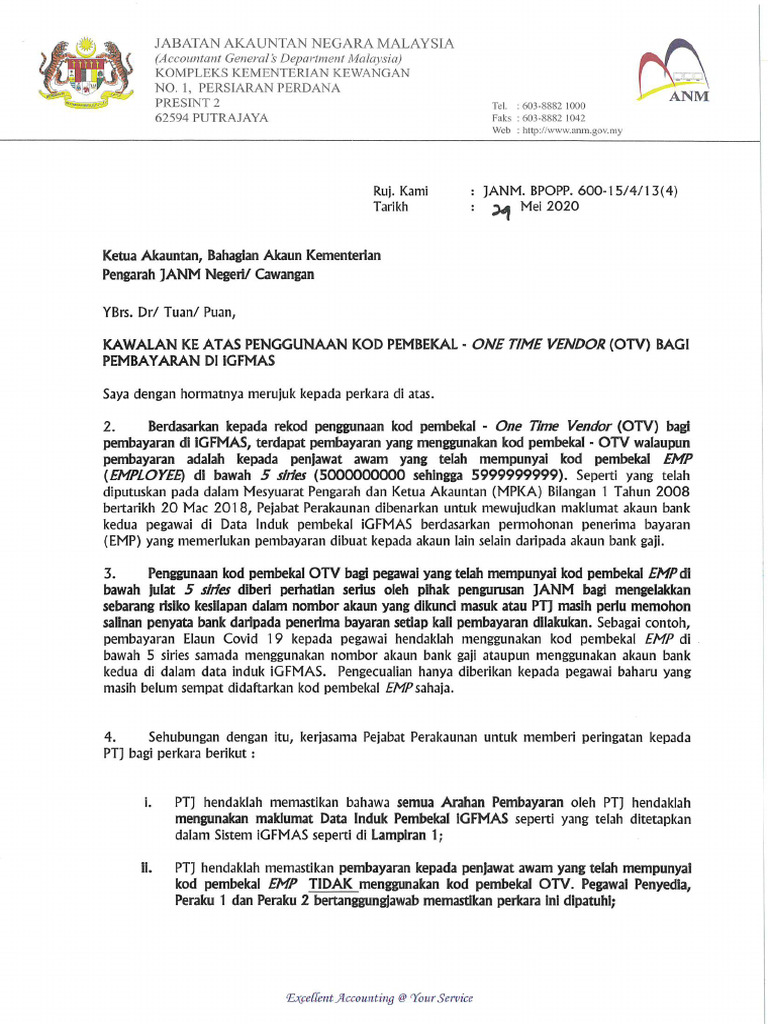 Surat Edaran BPOPP KPD Pej Perakaunan - Kawalan Penggunaan Kod Pembekal OTV | PDF