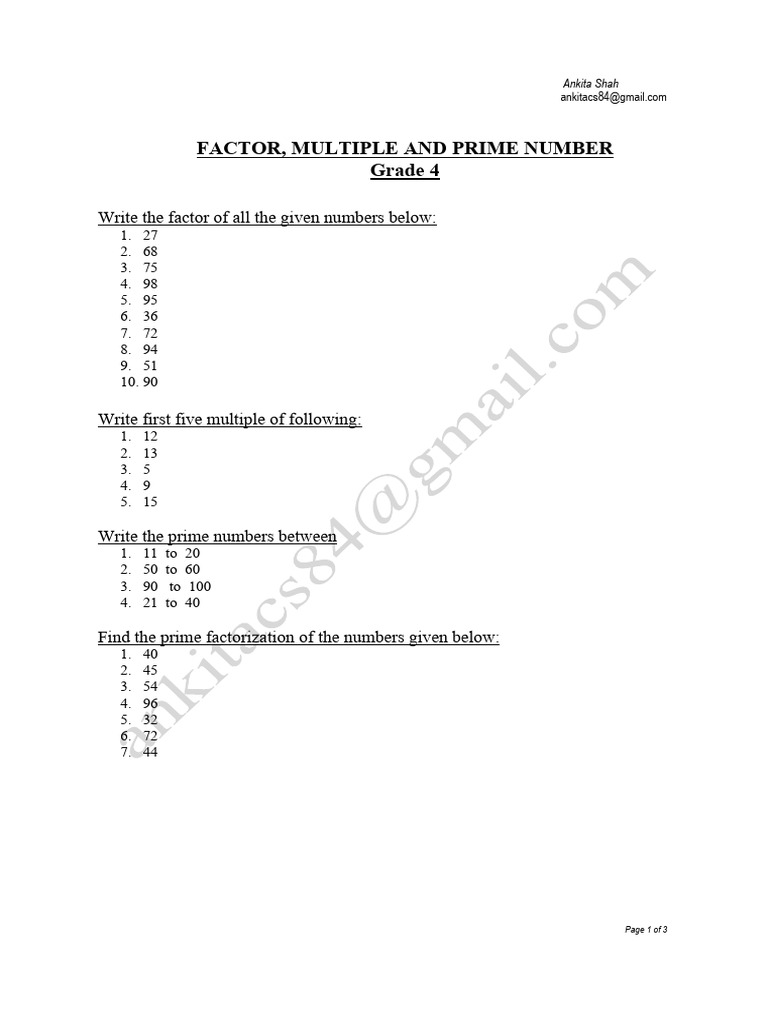 Factor Multiple and Prime Number - Grade 4 | PDF | Prime Number ...
