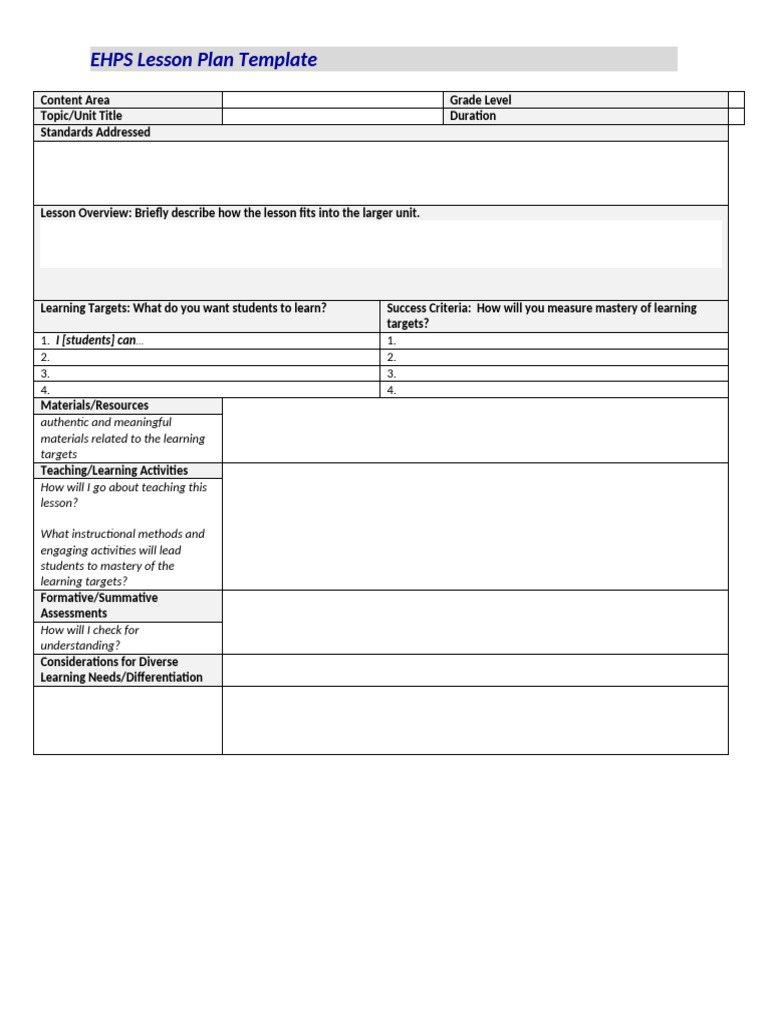 EHPS Formal Observation Lesson Plan Template - Dec 2024 | PDF