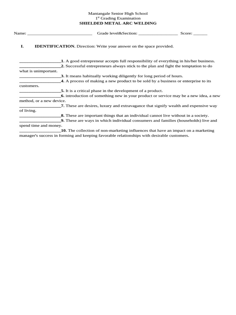 Mantangale SHS Welding Exam Guide | PDF