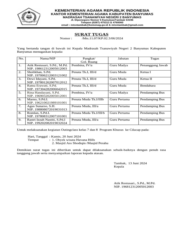 Surat Tugas Outing Class PK8 Ganjil | PDF