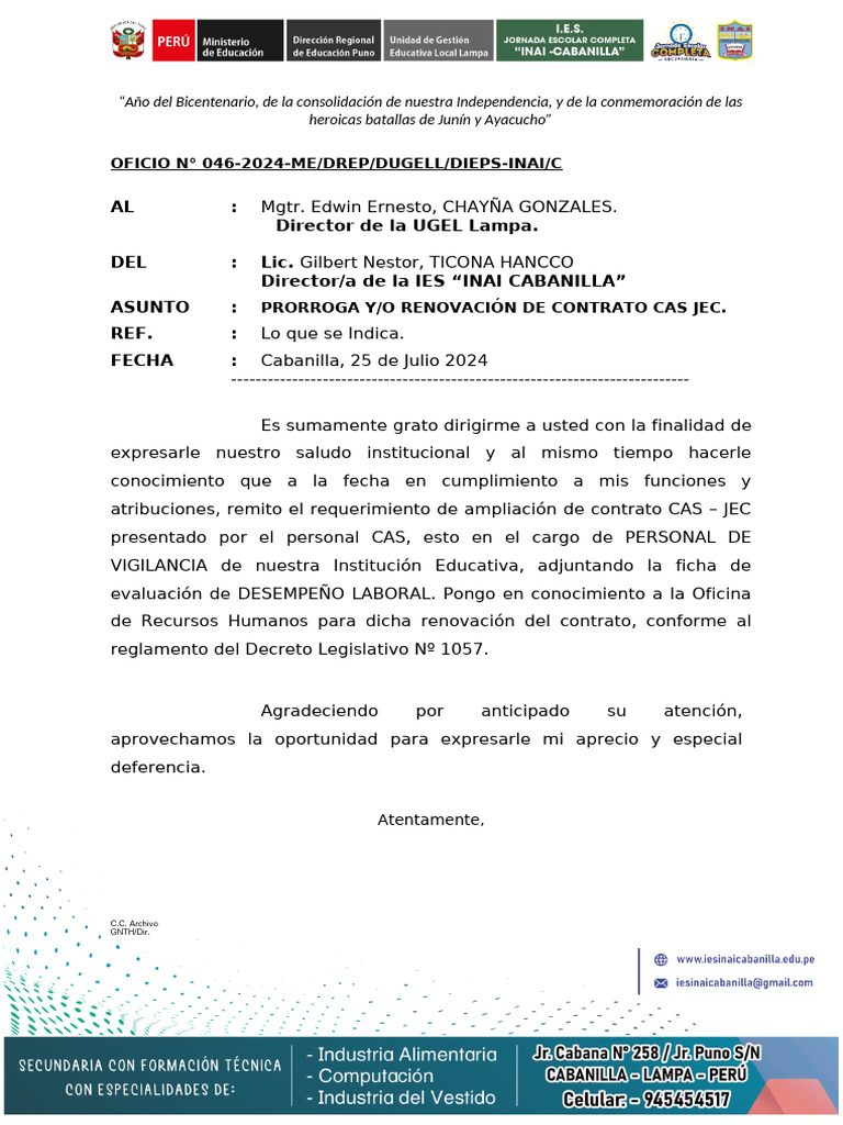 OFICIO 044 - Renovación de Contrato CAS Vigilante | PDF