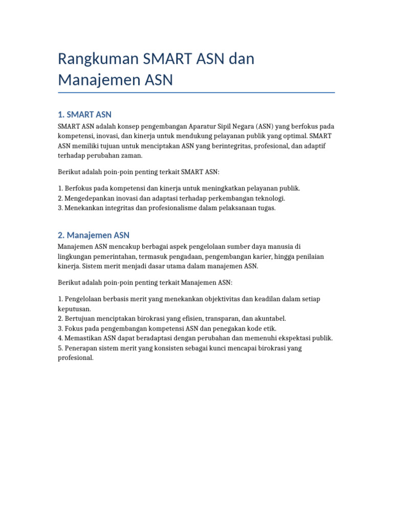 Rangkuman SMART ASN Manajemen ASN 2pages | PDF