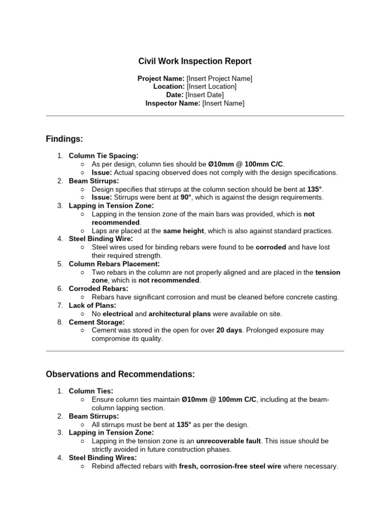 Civil Work Inspection Findings Report | PDF | Concrete | Secondary ...