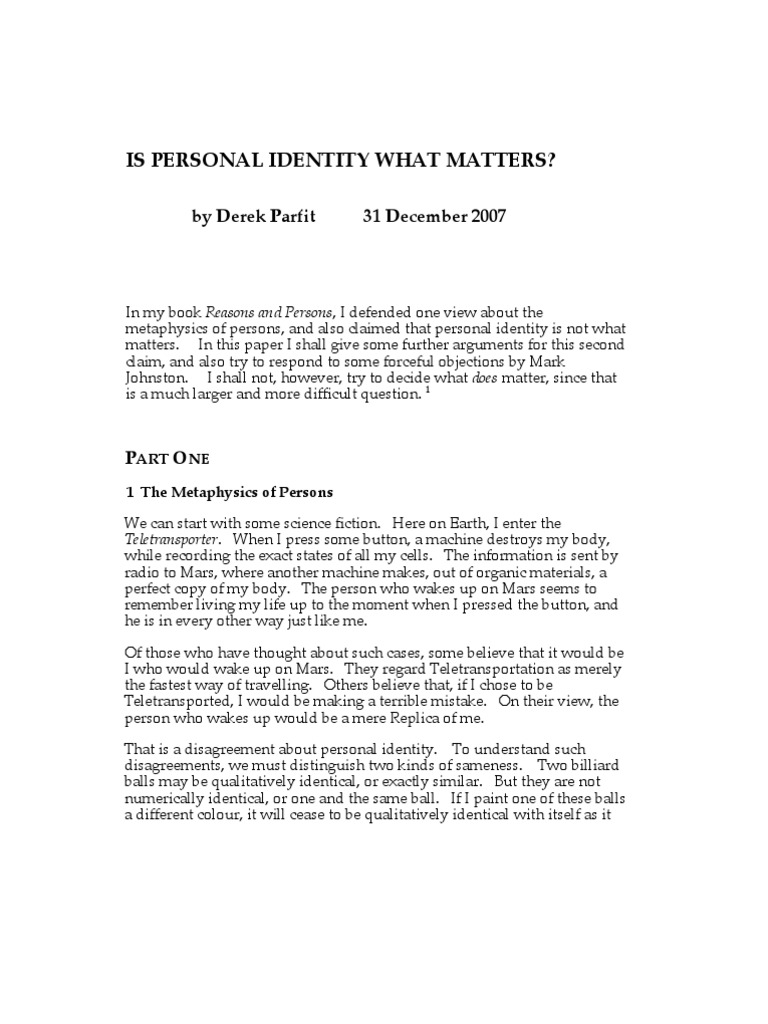 Is Personal Identity What Matters? - Parfit | PDF | Reductionism ...