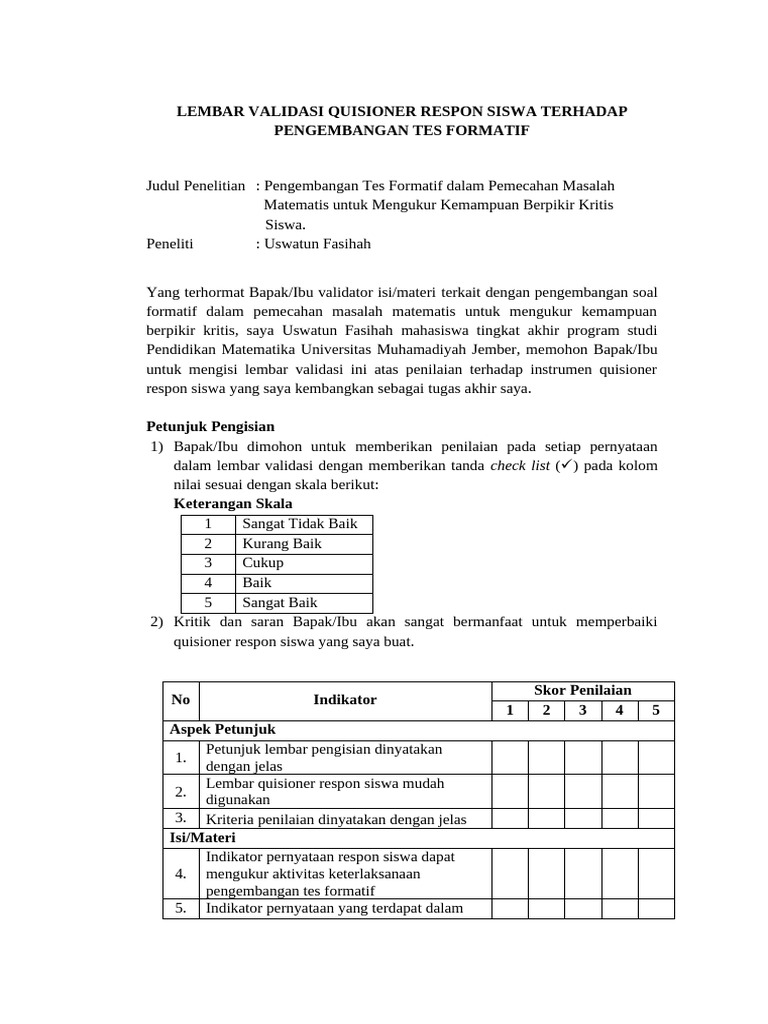 LEMBAR VALIDASI QUISIONER Rev 1 | PDF