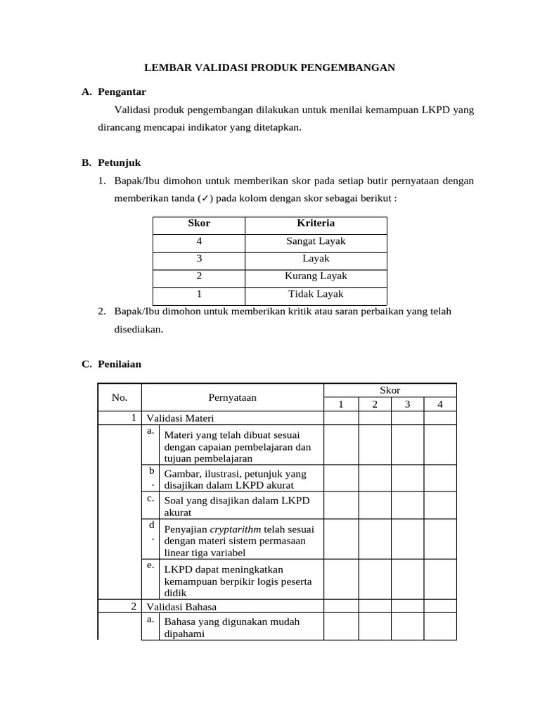 LEMBAR VALIDASI PRODUK PENGEMBANGAN | PDF