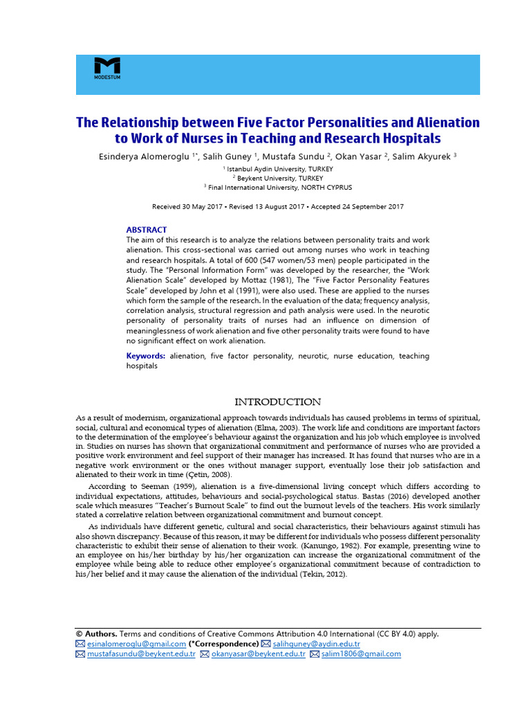 The Relationship Between Five Factor Personalities and Alienation to ...