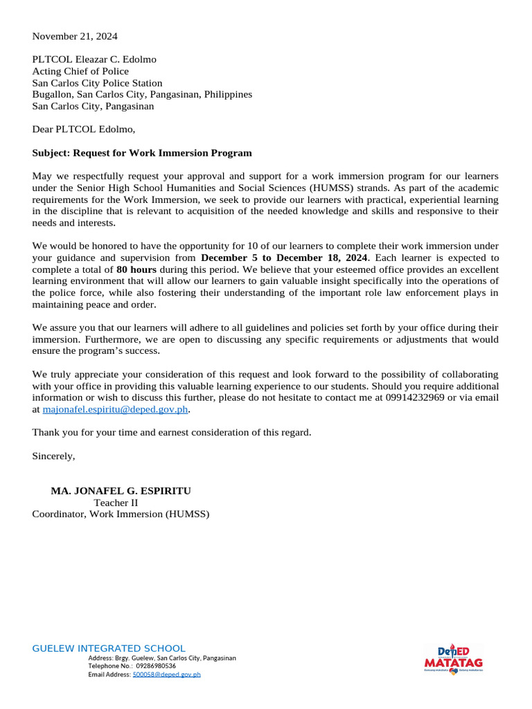 Request Letter in Work Immersion | PDF | Learning | Behavior Modification