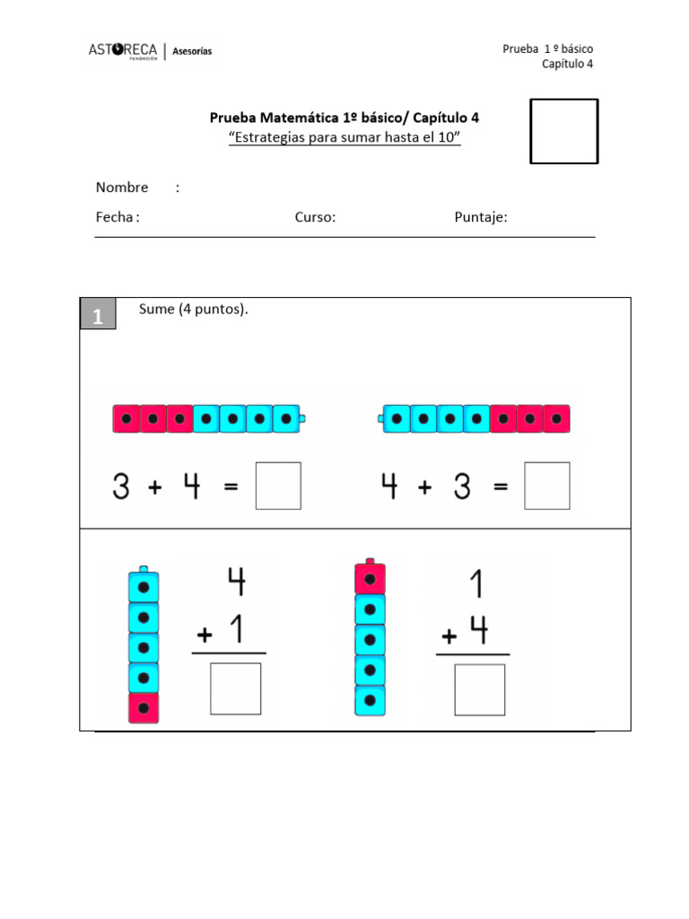 Prueba 1º Básico CAP 4 Estrategias para Sumar Hasta 10 | PDF