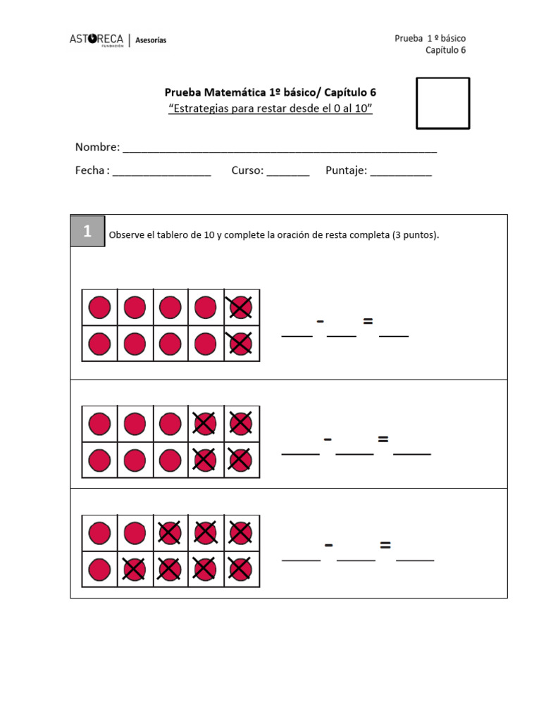 prueba 1º básico CAP 6 Estrategias spara restar desde el 0 hasta 10 ...