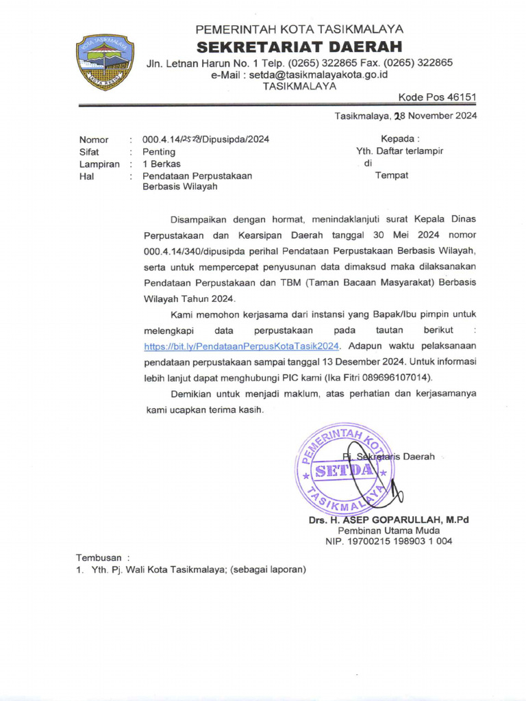 Surat Pendataan Perpustakaan Kota Tasikmalaya 2024 | PDF Surat Pendataan Perpustakaan Kota Tasikmalaya 2024 | PDF
