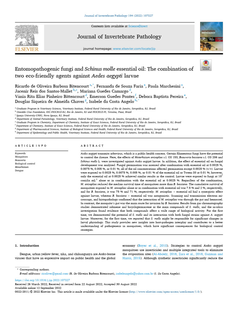 Entomopathogenic Fungi and Schinus Molle Essential Oil The Combination of Two Eco-Friendly | PDF ...