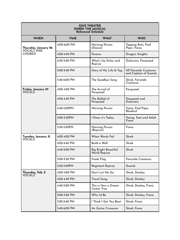 Shrek The Musical Rehearsal Schedule | PDF