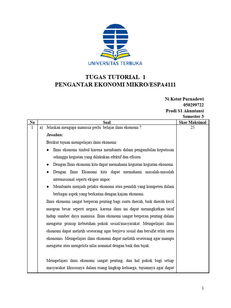 Tugas Tutorial 1 Pengantar Ekonomi Mikro, ESPA4111 | PDF