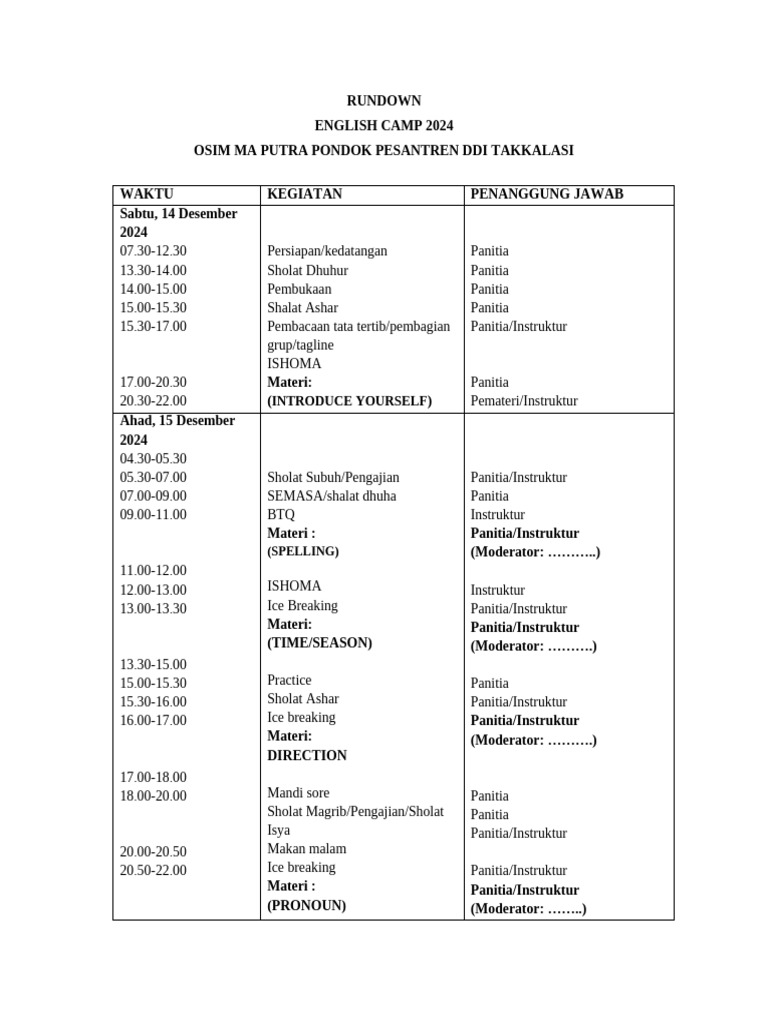 Rundown English Camp Putra 2024 | PDF