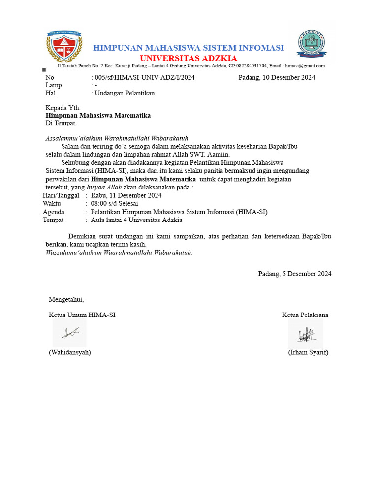 Undangan Pelantikan HIMA-SI 2024 | PDF