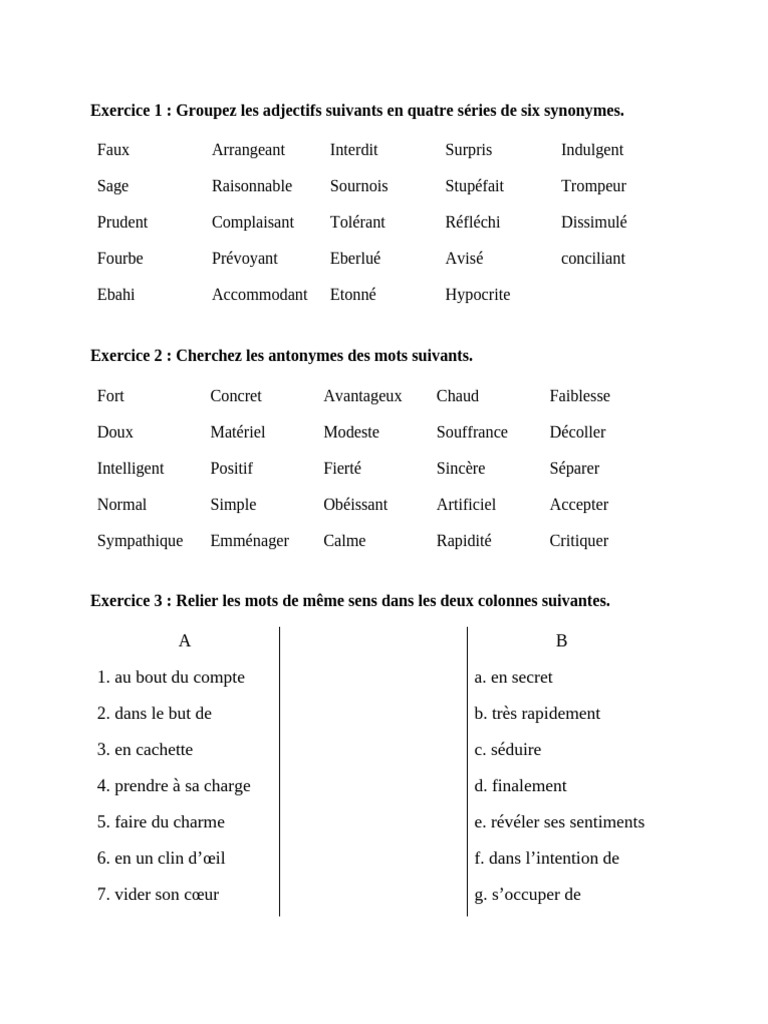 Exercices de synonymes et antonymes | PDF