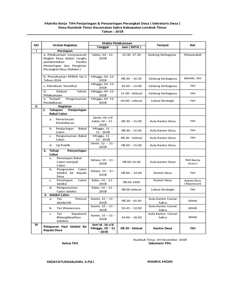 Matriks Kerja TIM Penjaringan Baru | PDF