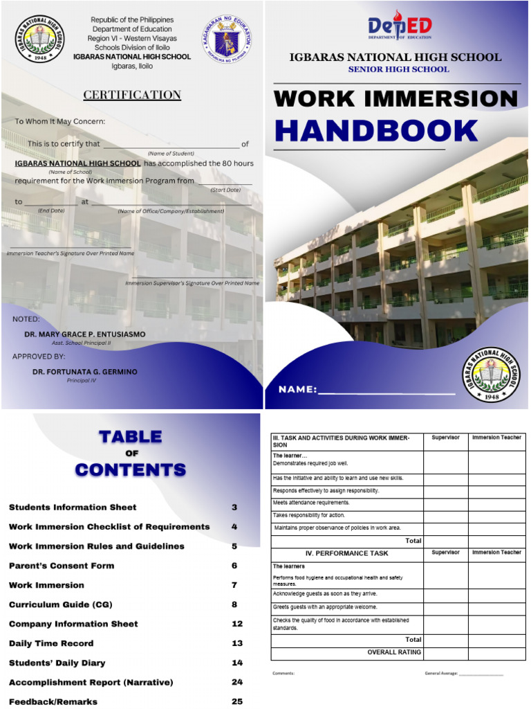 WORK IMMERSION HANDBOOK (TVL) | PDF | Teachers | Cognition