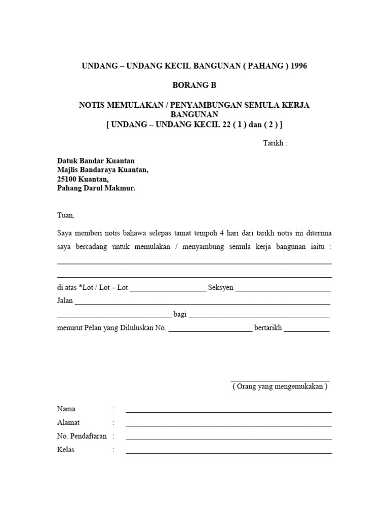 Mbk. Borang B Notis Memulakan Penyambungan Semula Kerja Bangunan | PDF